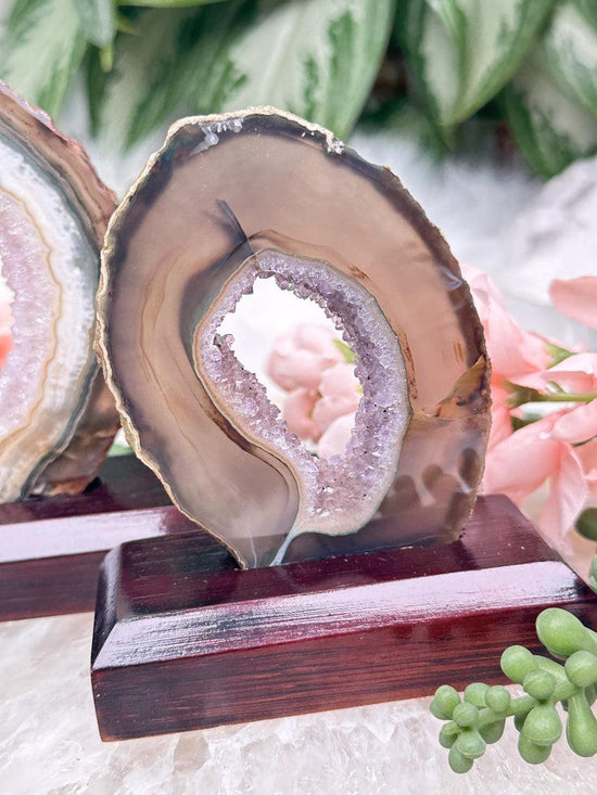 Uruguayan Geode Slice Displays in Custom Wood Stands – Contempo Crystals