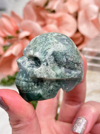 Carved Moss Agate Skull Crystals - Choose Exact! – Contempo Crystals