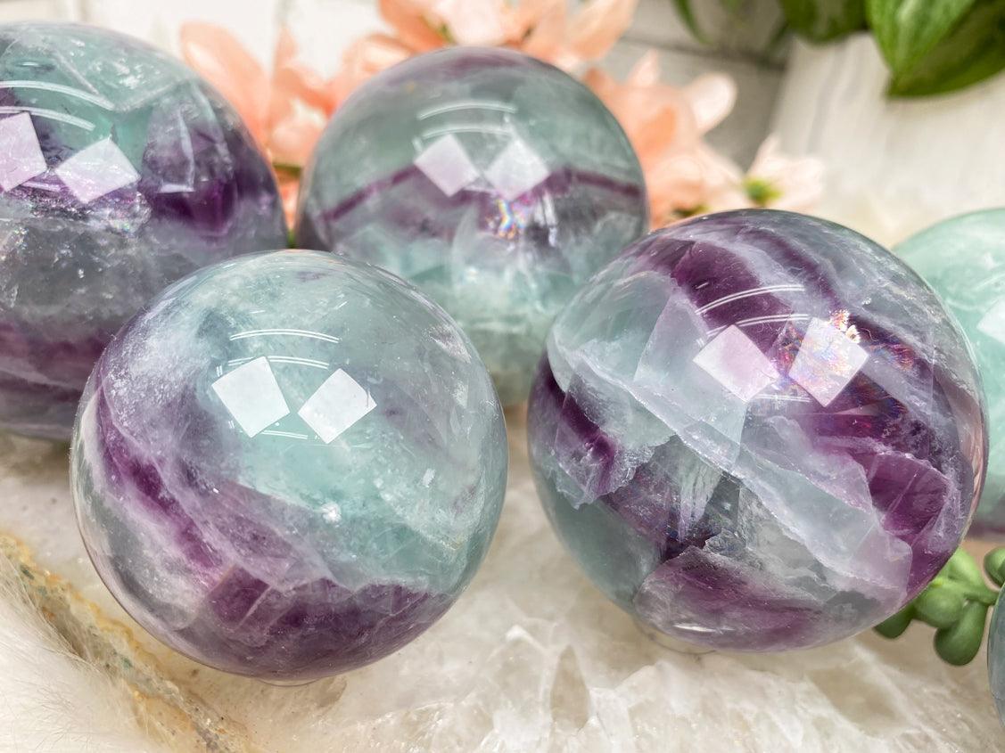 Mint Green Blue and Purple Fluorite Spheres For Sale!