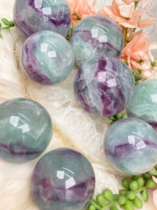 Mint Green Blue and Purple Fluorite Spheres For Sale! – Contempo Crystals