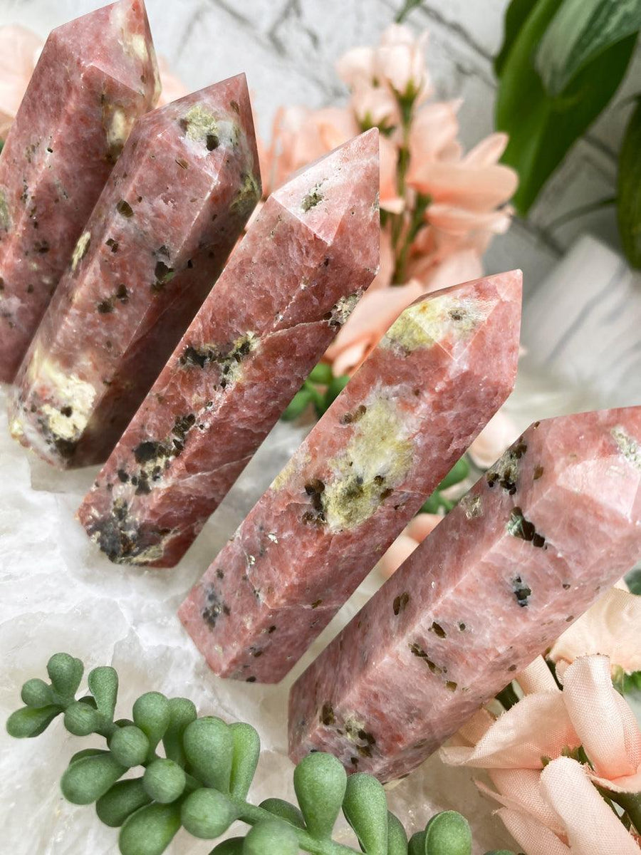 Pink Red Calcite Crystal Points With Serpentine