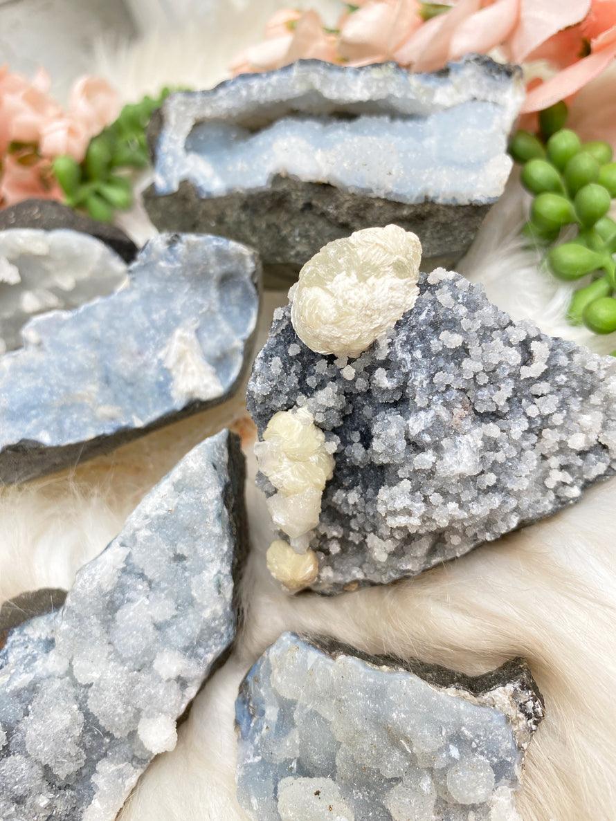 Small Gray Chalcedony & Quartz Crystal Clusters From India