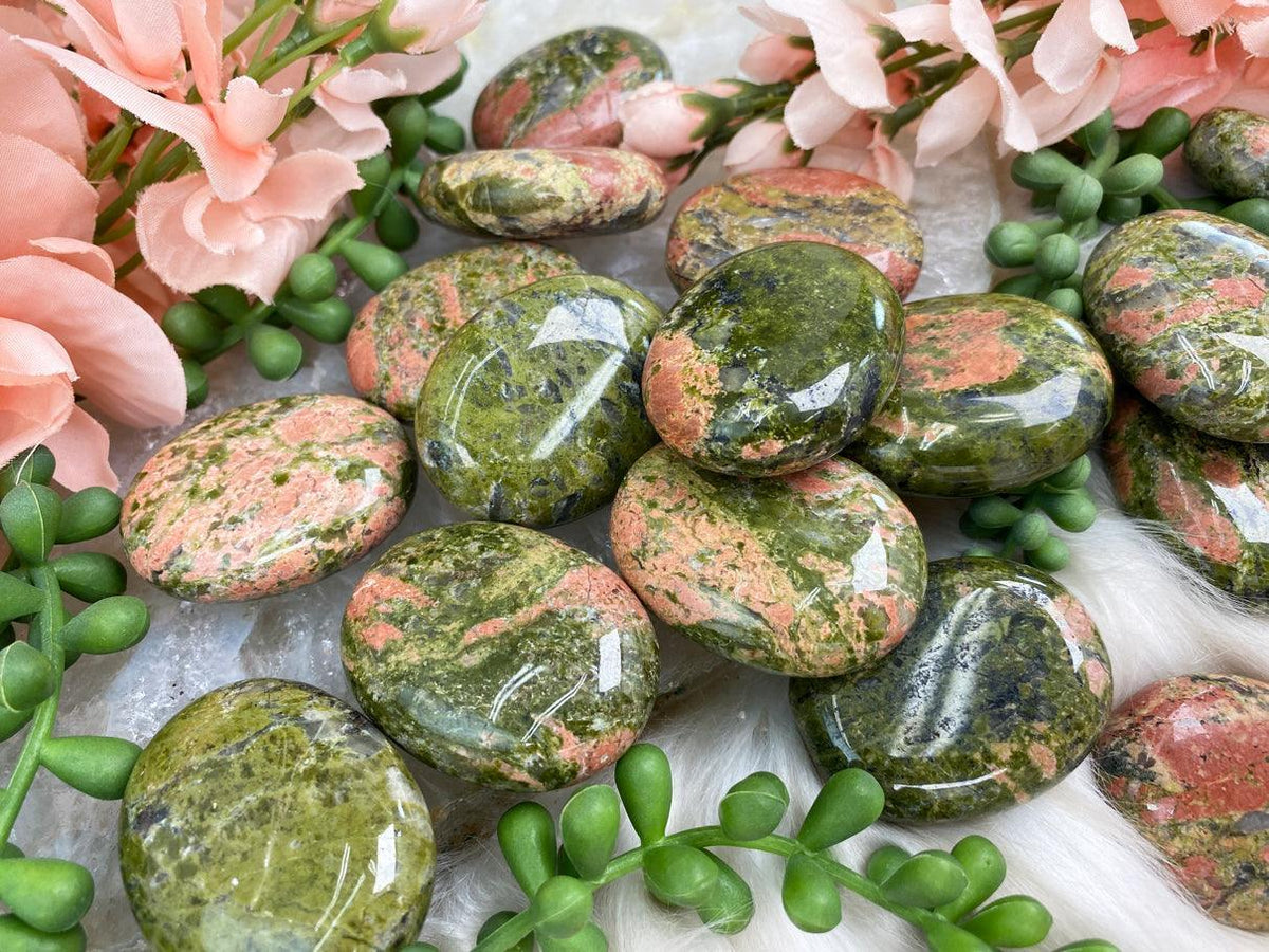 Unakite Jasper Palm Stones - Small Green & Orange Pillow Stones